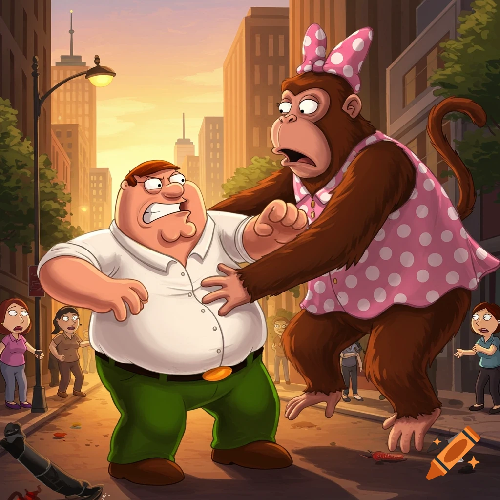 Cartoon image of Peter Griffin struggling with a giant monkey wearing a ...