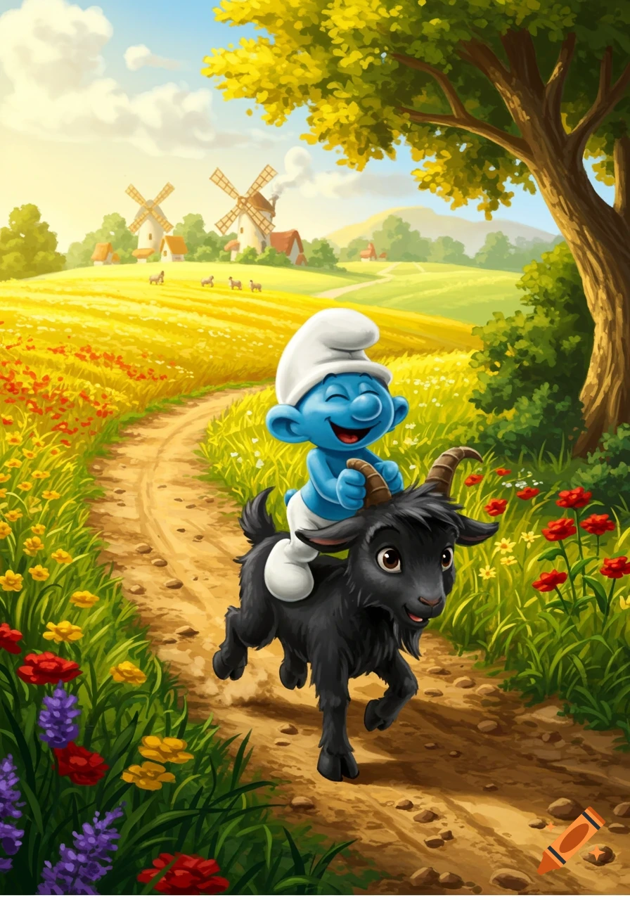 A Smurf in a cowboy hat rides a happy Bernedoodle dog through a sunny ...
