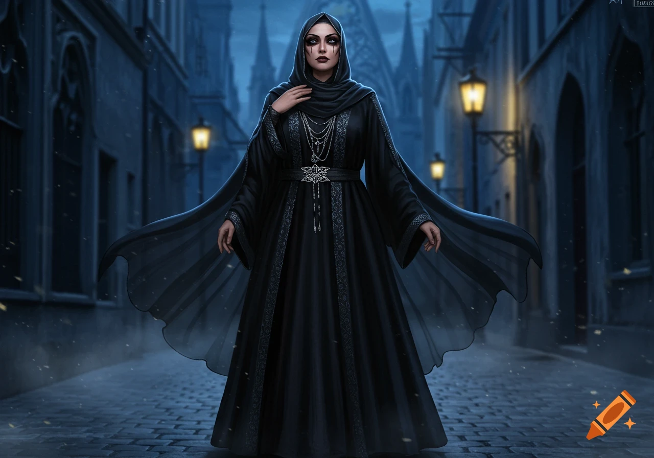 A realistic portrait of a pale young man in dark gothic attire with icy ...