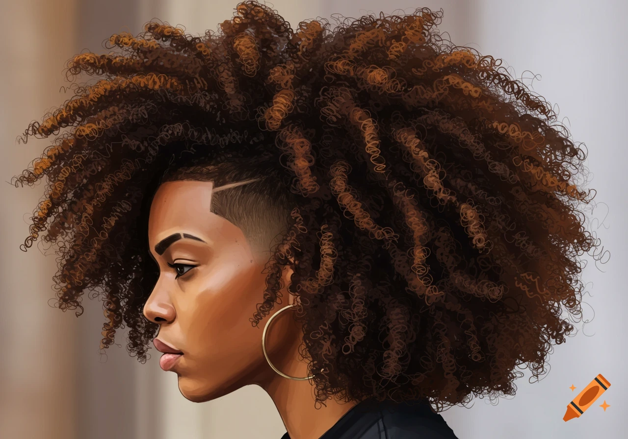 Profile portrait of a woman with voluminous brown afro-textured hair ...