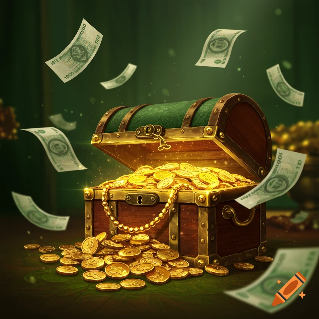 A wooden treasure chest overflowing with gold coins and a necklace ...