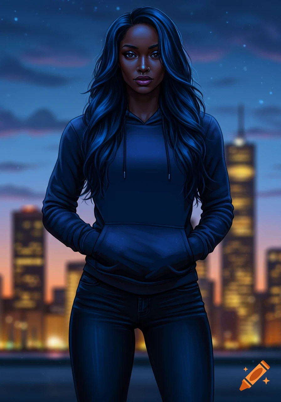 A fit woman with dark blue hair and a nose piercing, wearing a dark ...