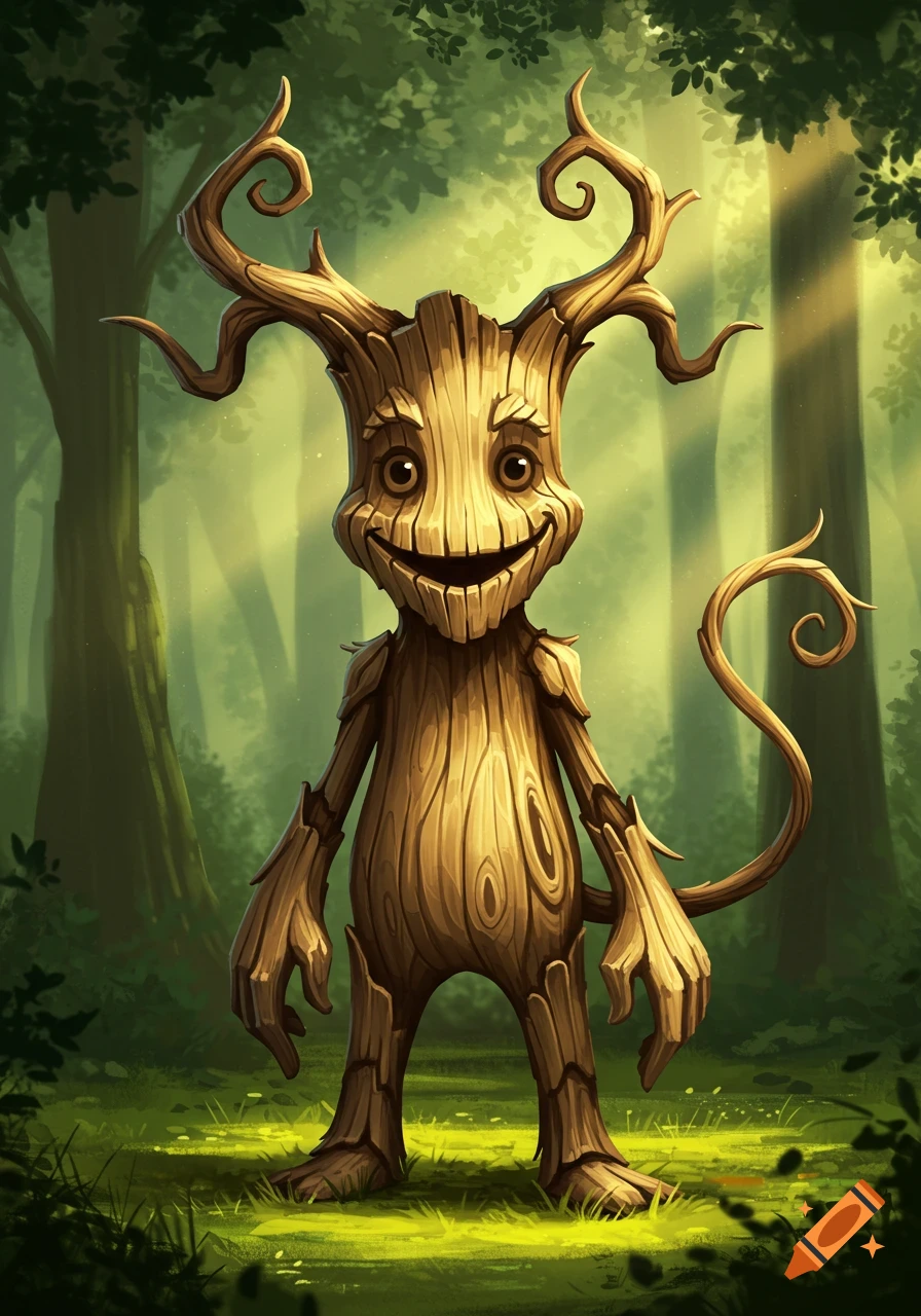 A whimsical wooden creature with a wide grin, big eyes, wooden horns ...