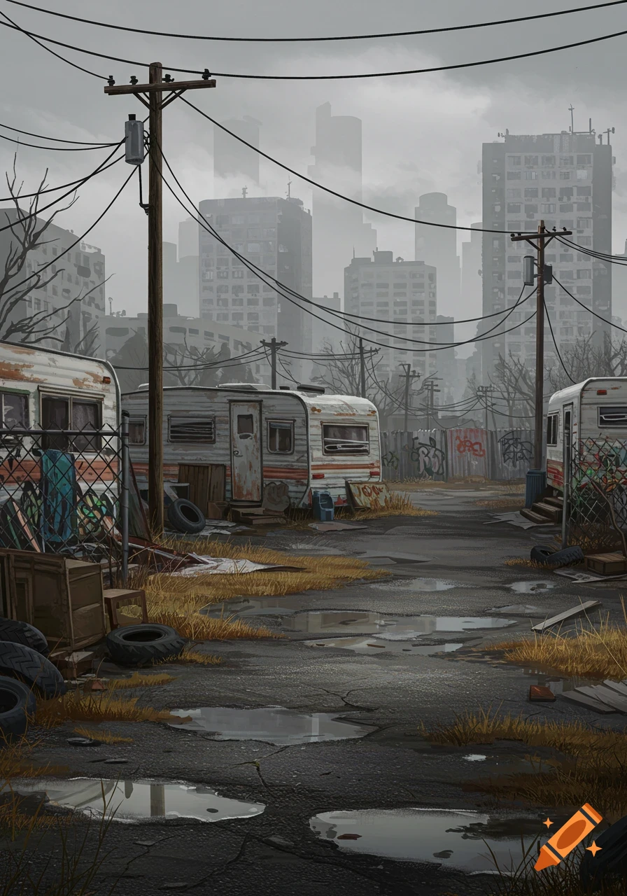 A run-down trailer park with two shabby trailers, a dirt road with ...