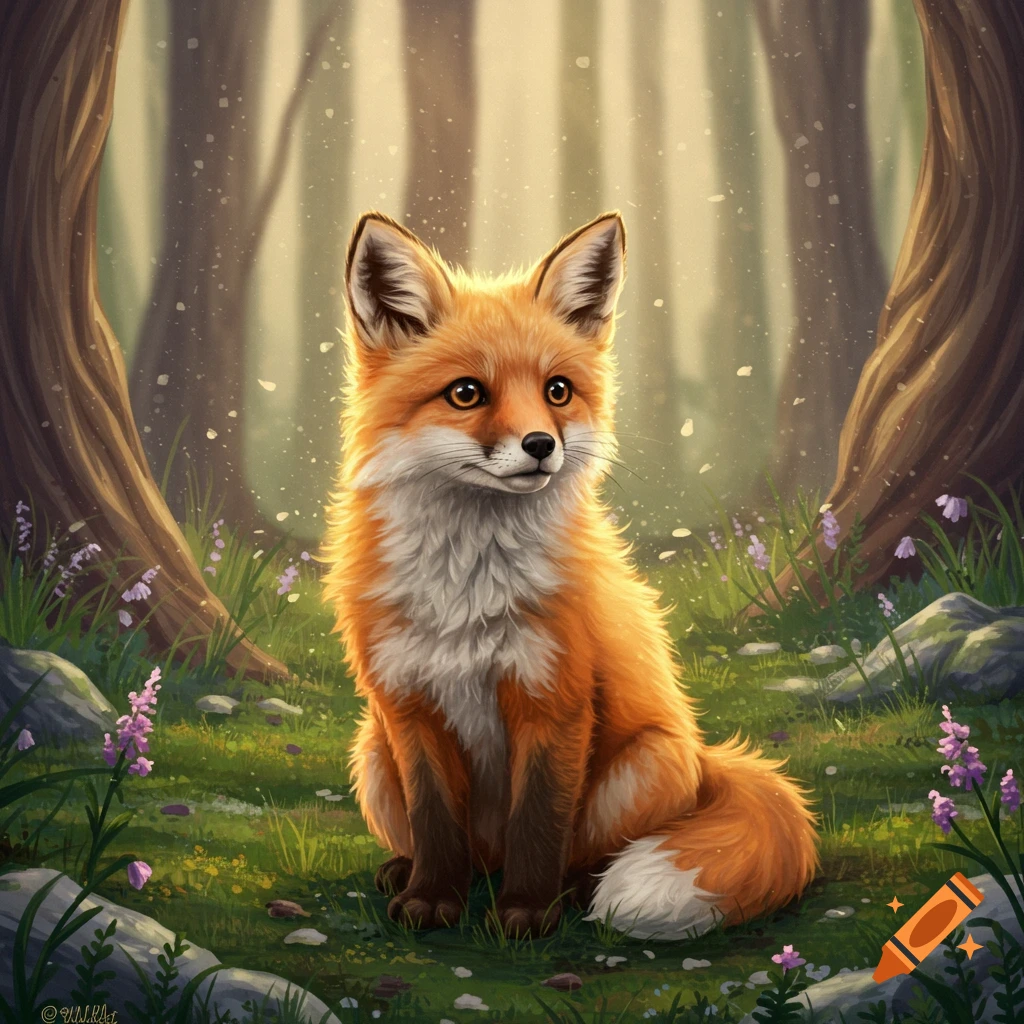 A cute orange and white fox sits in a magical forest with purple ...