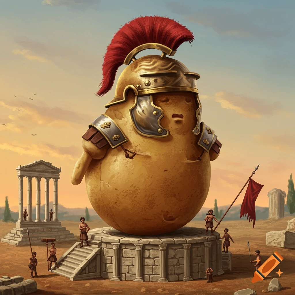 A giant potato dressed as a Roman centurion stands on a stone pedestal ...