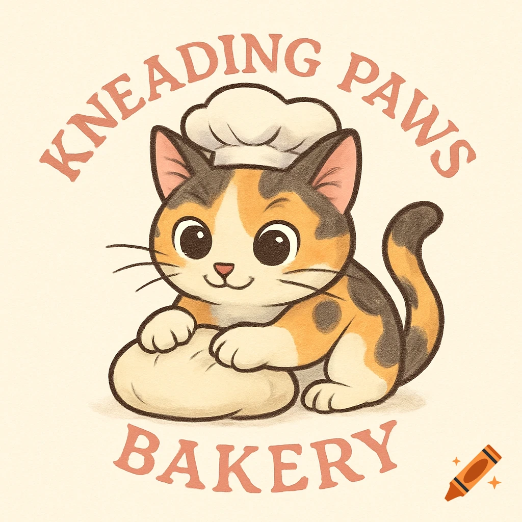 A cute cartoon calico cat wearing a chef's hat kneading dough, with the ...