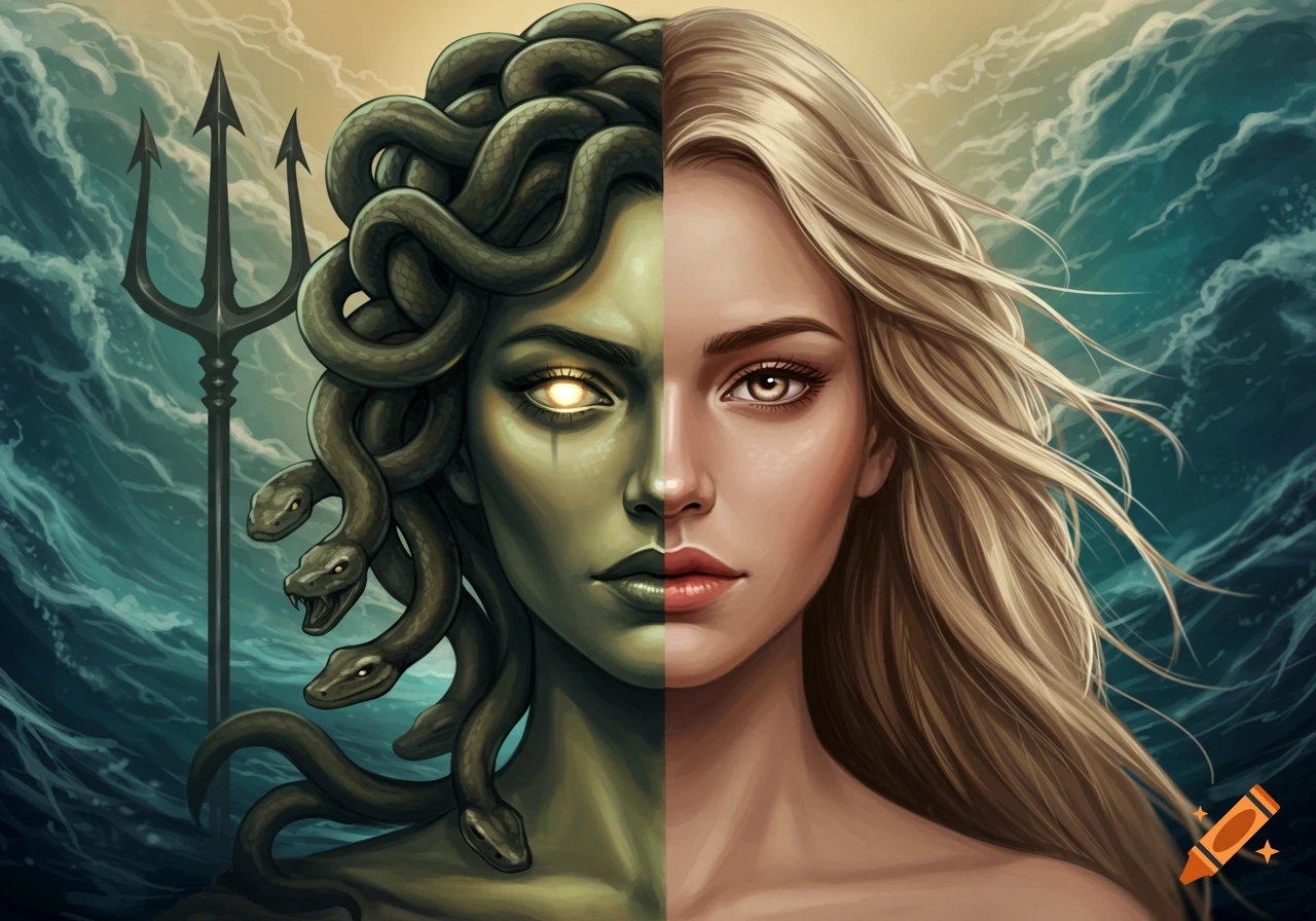Digital illustration of a vertically split female face, left as Medusa ...