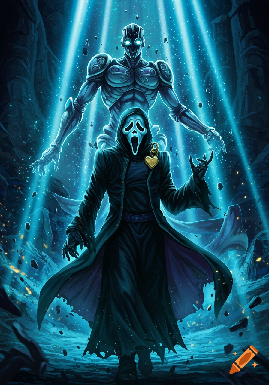 Ghostface with a glowing blue humanoid 'Stand' behind him, illuminated ...