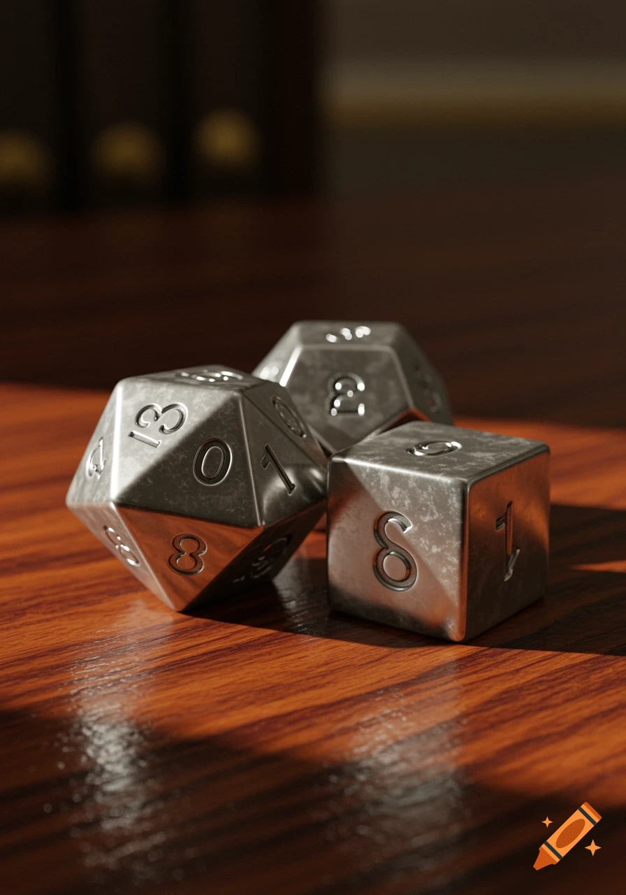 Close-up of three metallic polyhedral dice resting on a shiny wooden ...