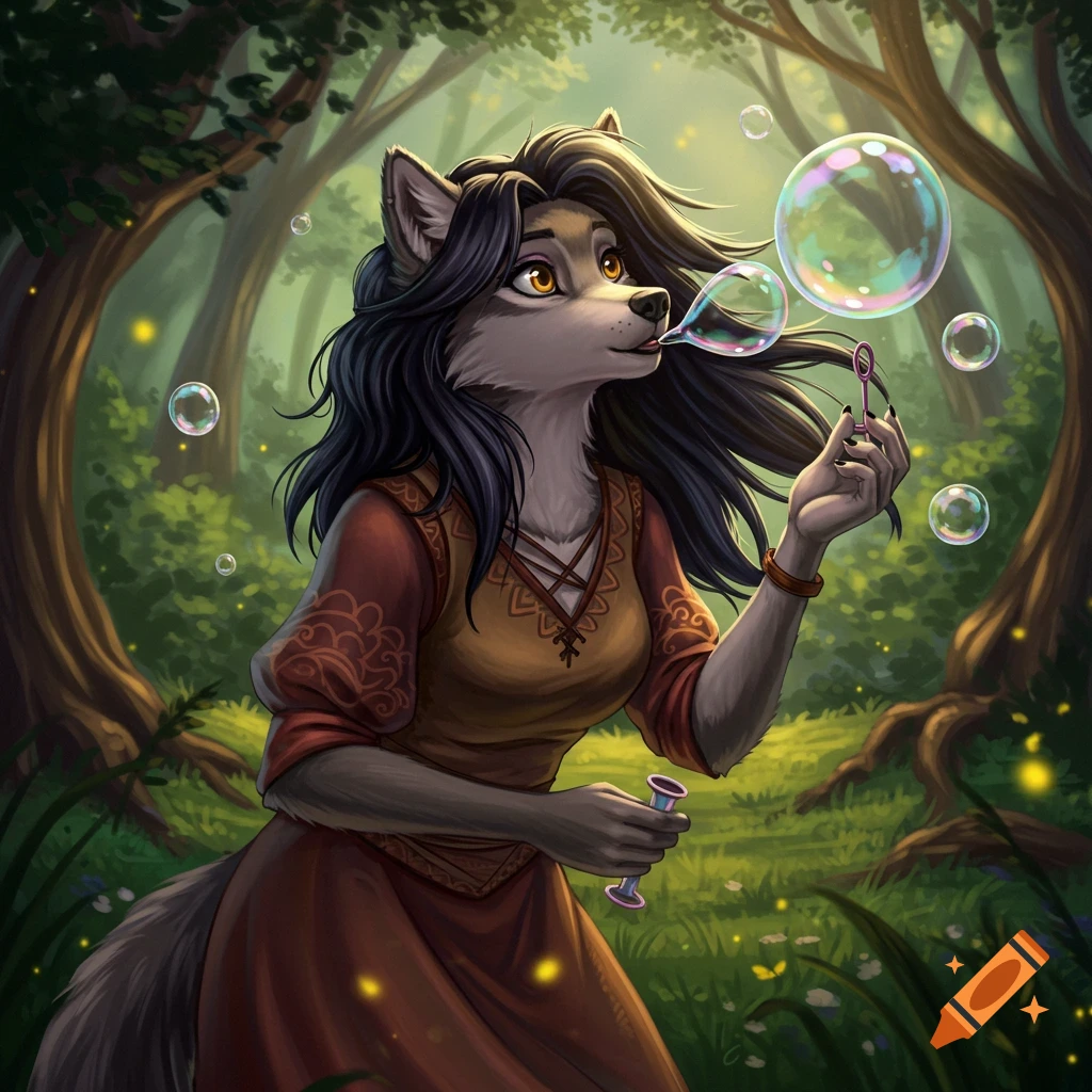 A Disney style anthropomorphic wolf woman with dark hair blowing soap ...