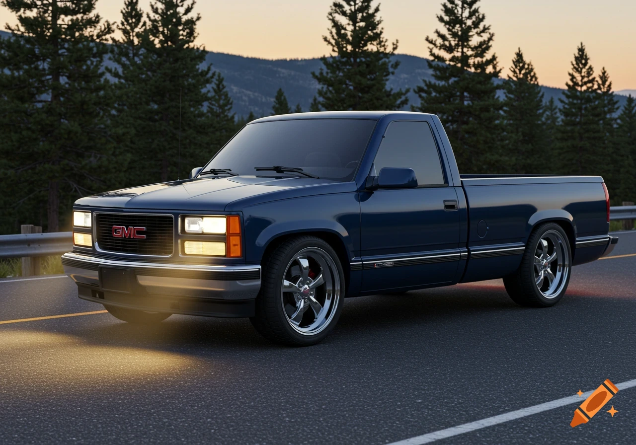A photorealistic image of a navy blue 1997 GMC Sierra pickup truck with shiny chrome rims parked ...