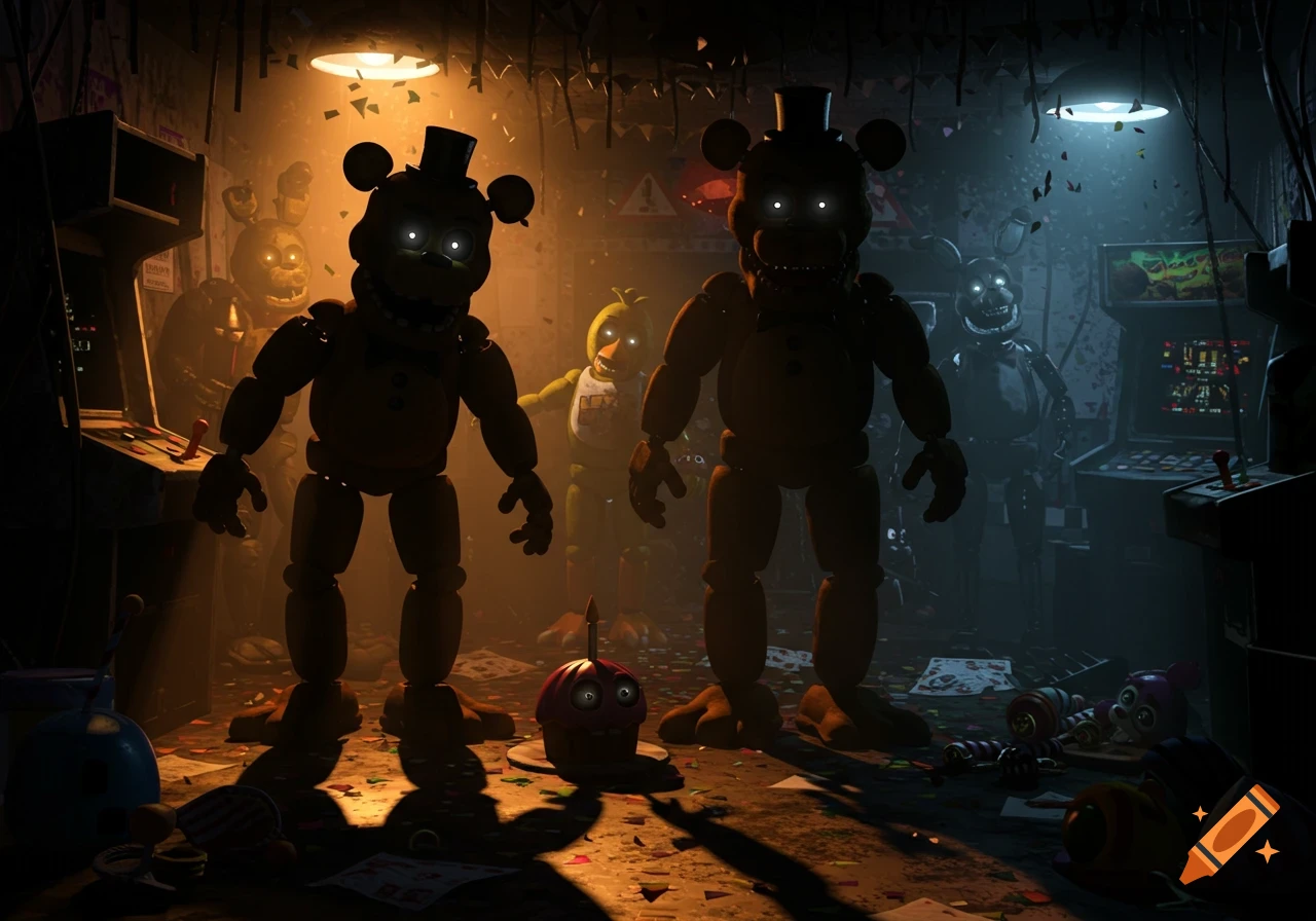 Toy Freddy, Toy Bonnie, and Toy Chica animatronics with glitch effects ...