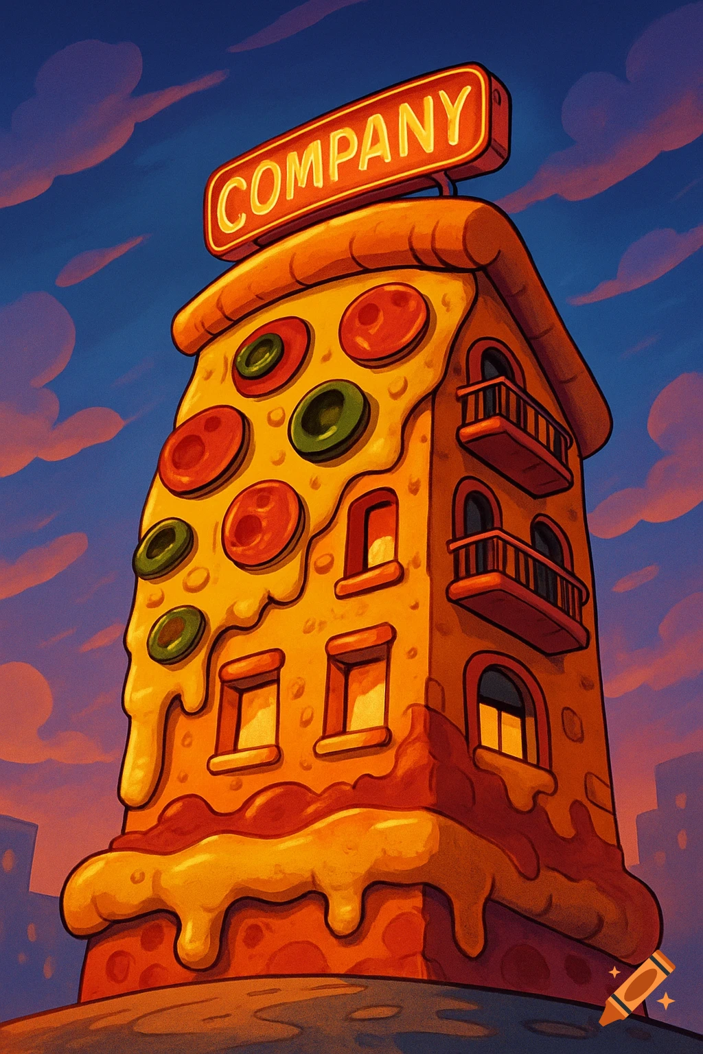 Colorful illustration of a Chuck E. Cheese's pizzeria at dusk, with the ...