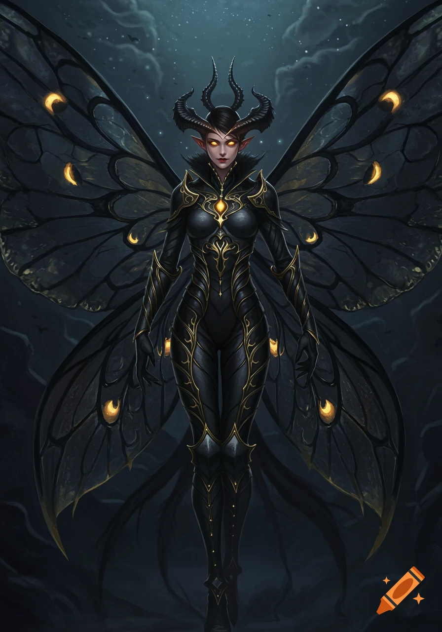 An elegant demon with large moth wings, horns, and glowing eyes ...