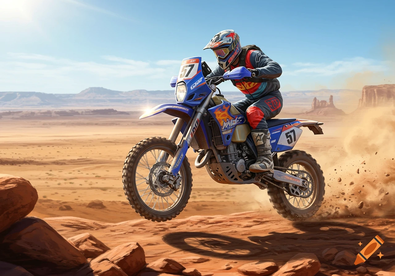 A brave boy on an orange dirt bike jumps through a rocky desert canyon ...