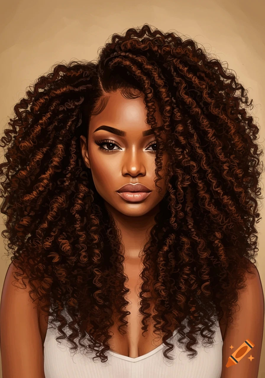 A photorealistic portrait of a woman with dark skin and voluminous, curly brown hair, wearing a ...