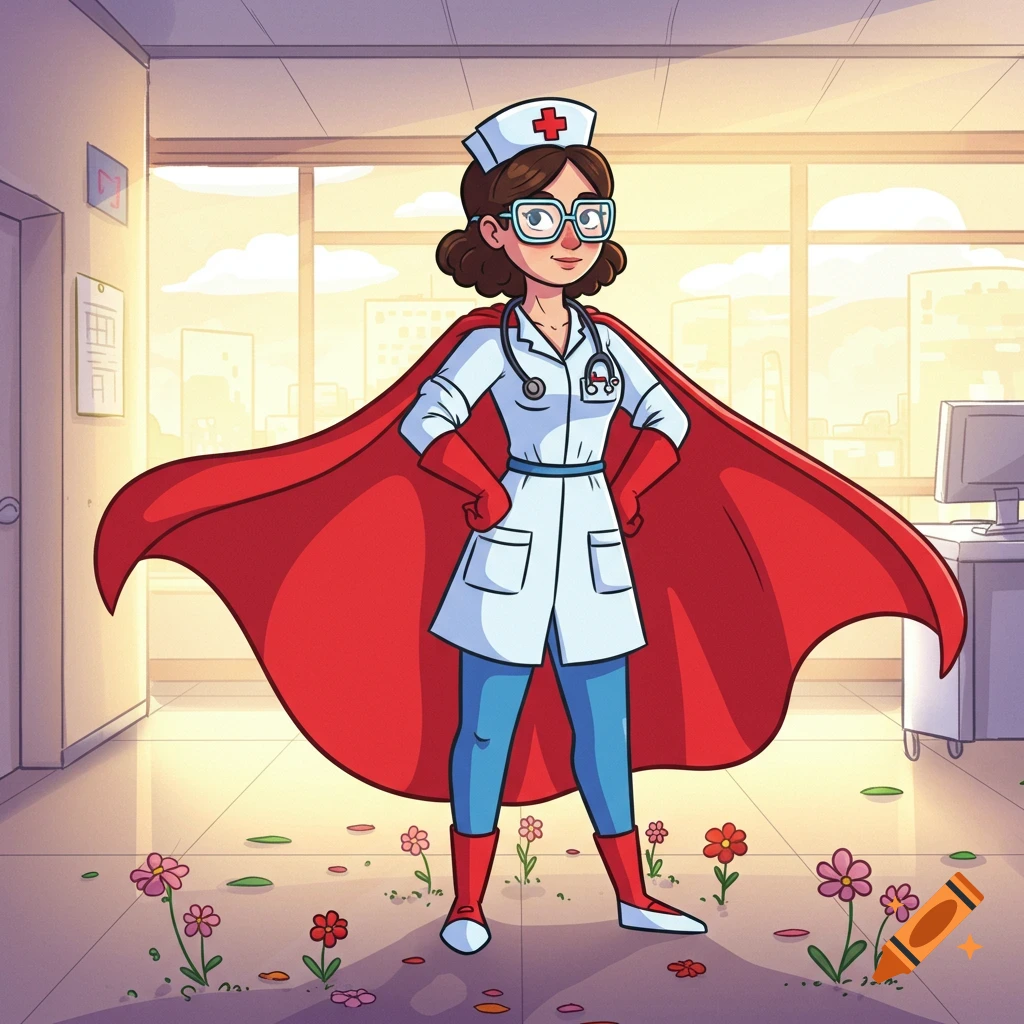 A cartoon nurse wearing glasses and a white uniform with a red ...