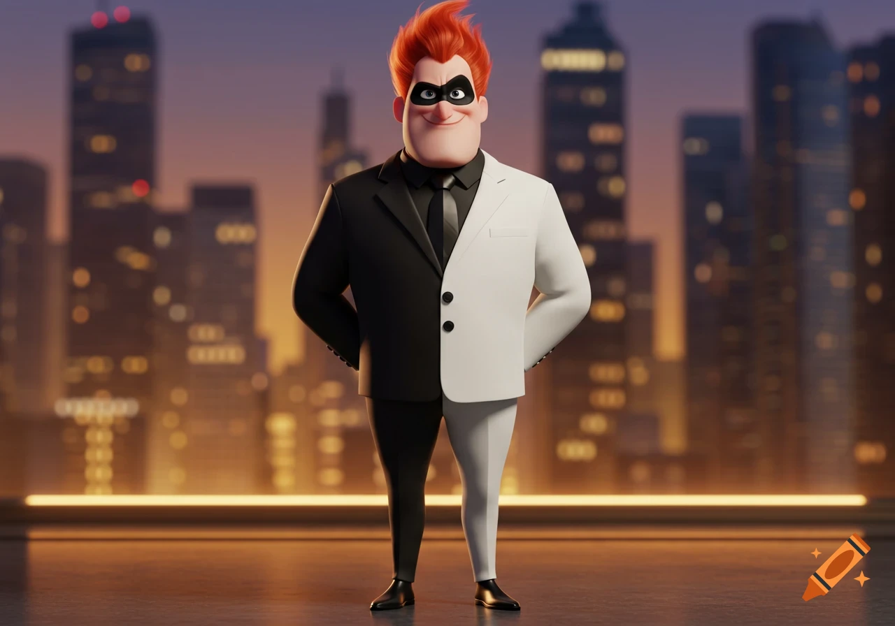 A cartoon character resembling Syndrome from The Incredibles in a black ...
