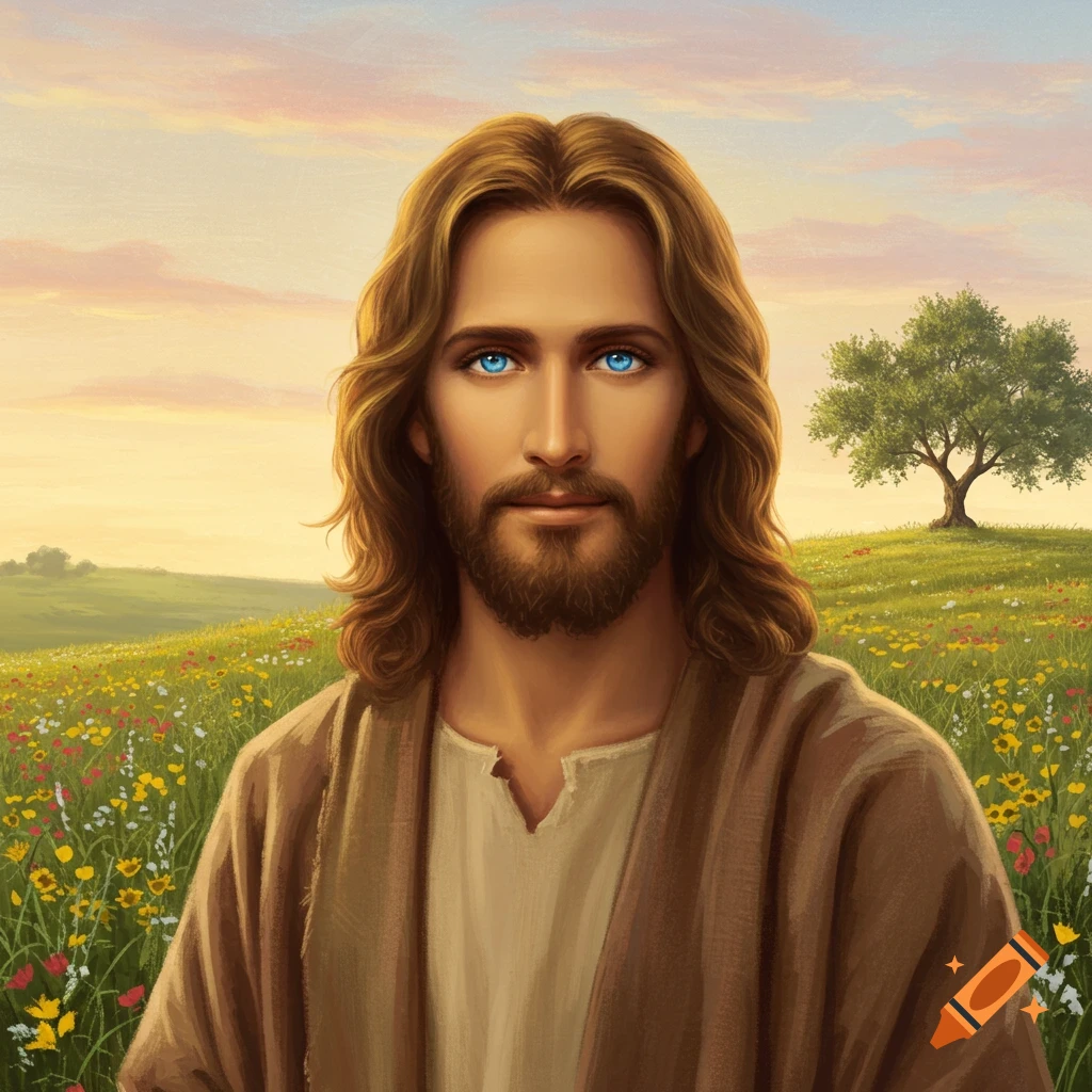 Realistic depiction of Jesus Christ with a halo, wearing a white robe ...