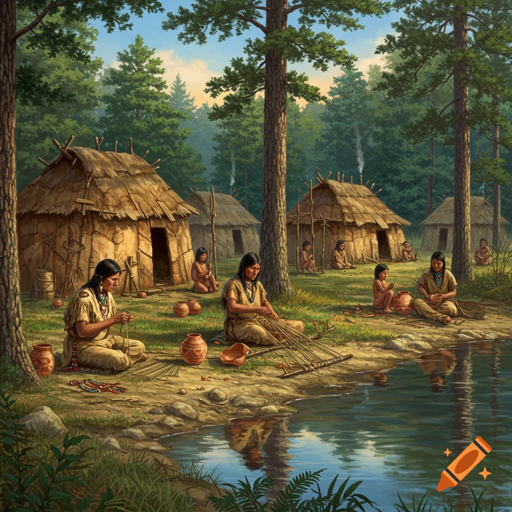 Native American women and children weave and make pottery by a river ...