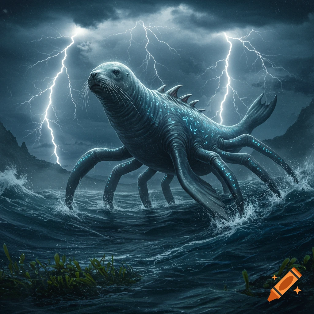 Large serpentine sea monster with an open mouth emerges from stormy ...