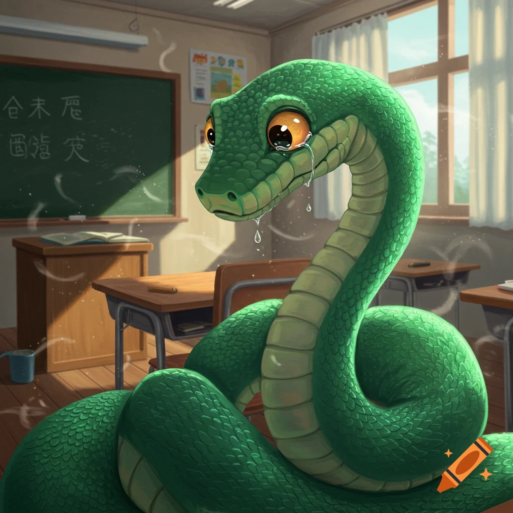 A green cartoon snake with large eyes cries in a classroom with desks ...