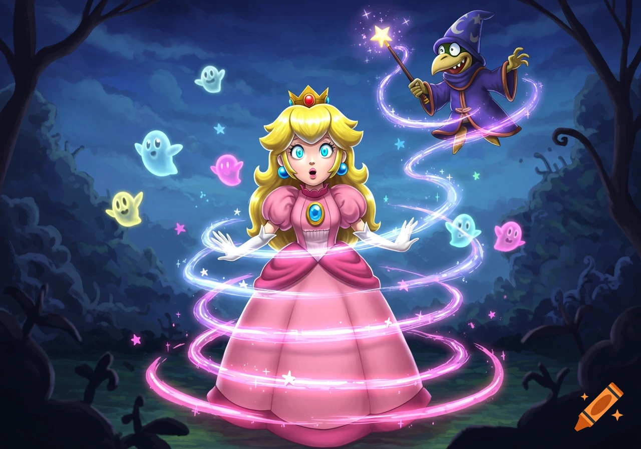 Princess Peach in a pink dress gazes at a glowing screen with pink and ...