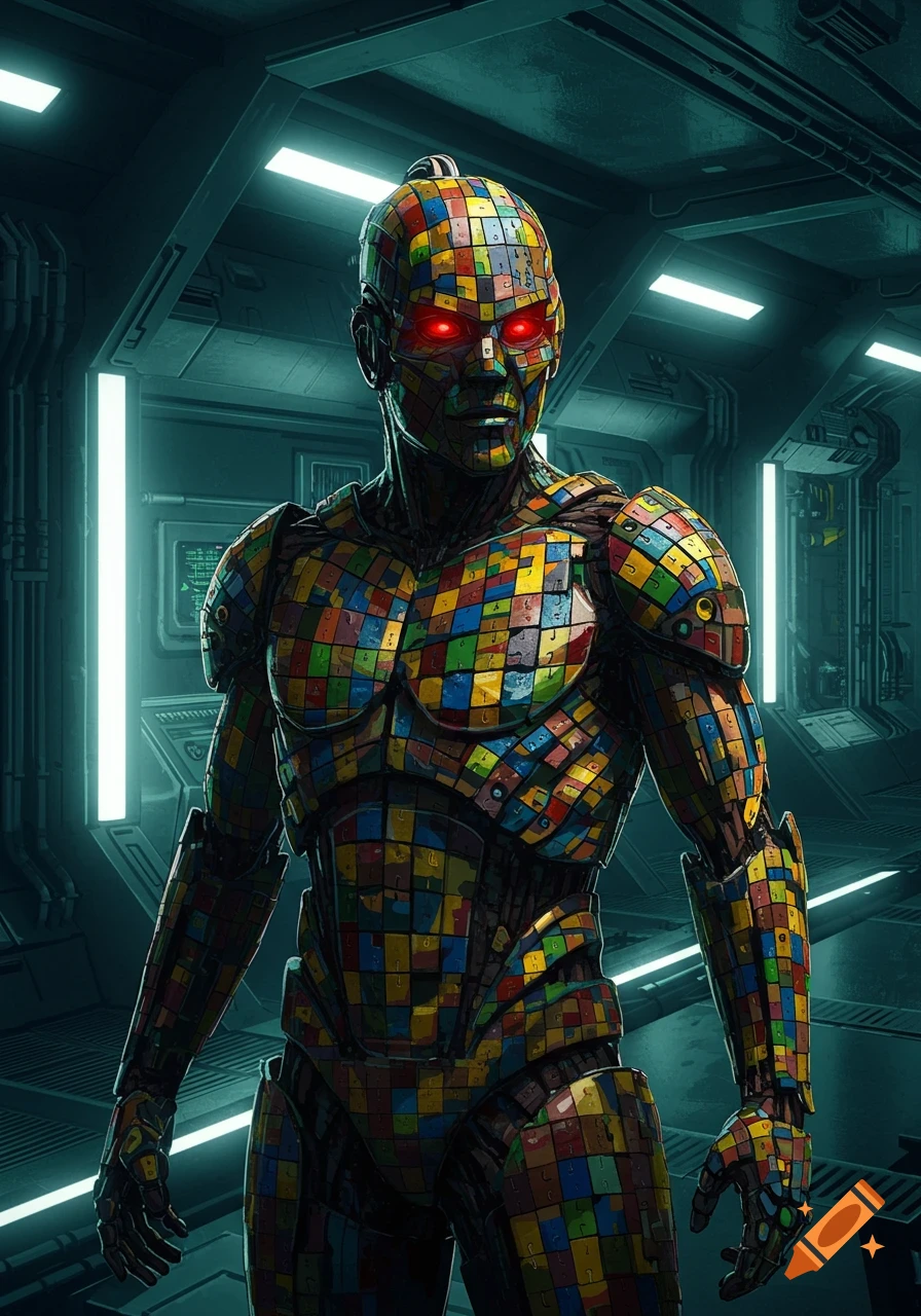 A stylized robot with a body composed of colorful Rubik's Cube-like ...