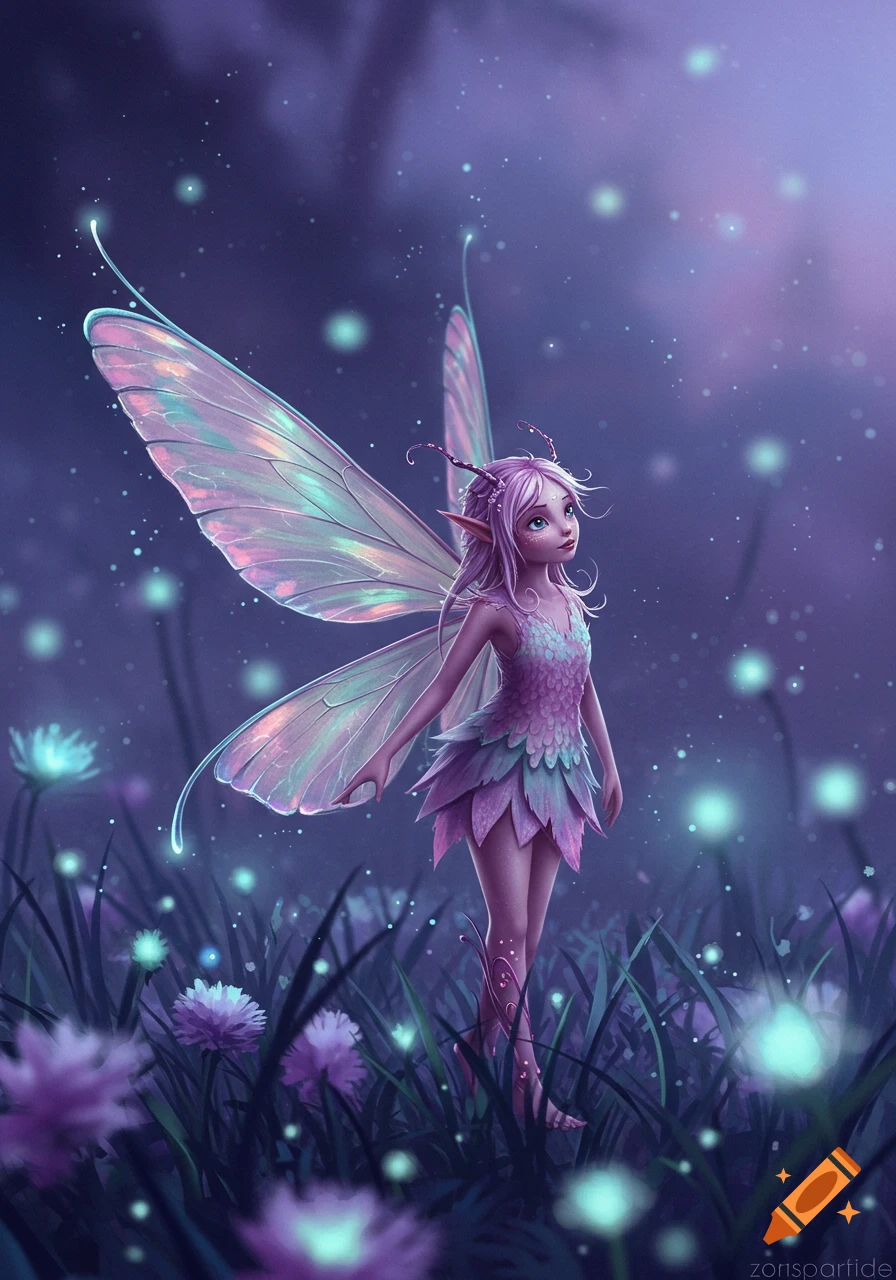 A whimsical fairy with purple hair and iridescent wings stands in a ...