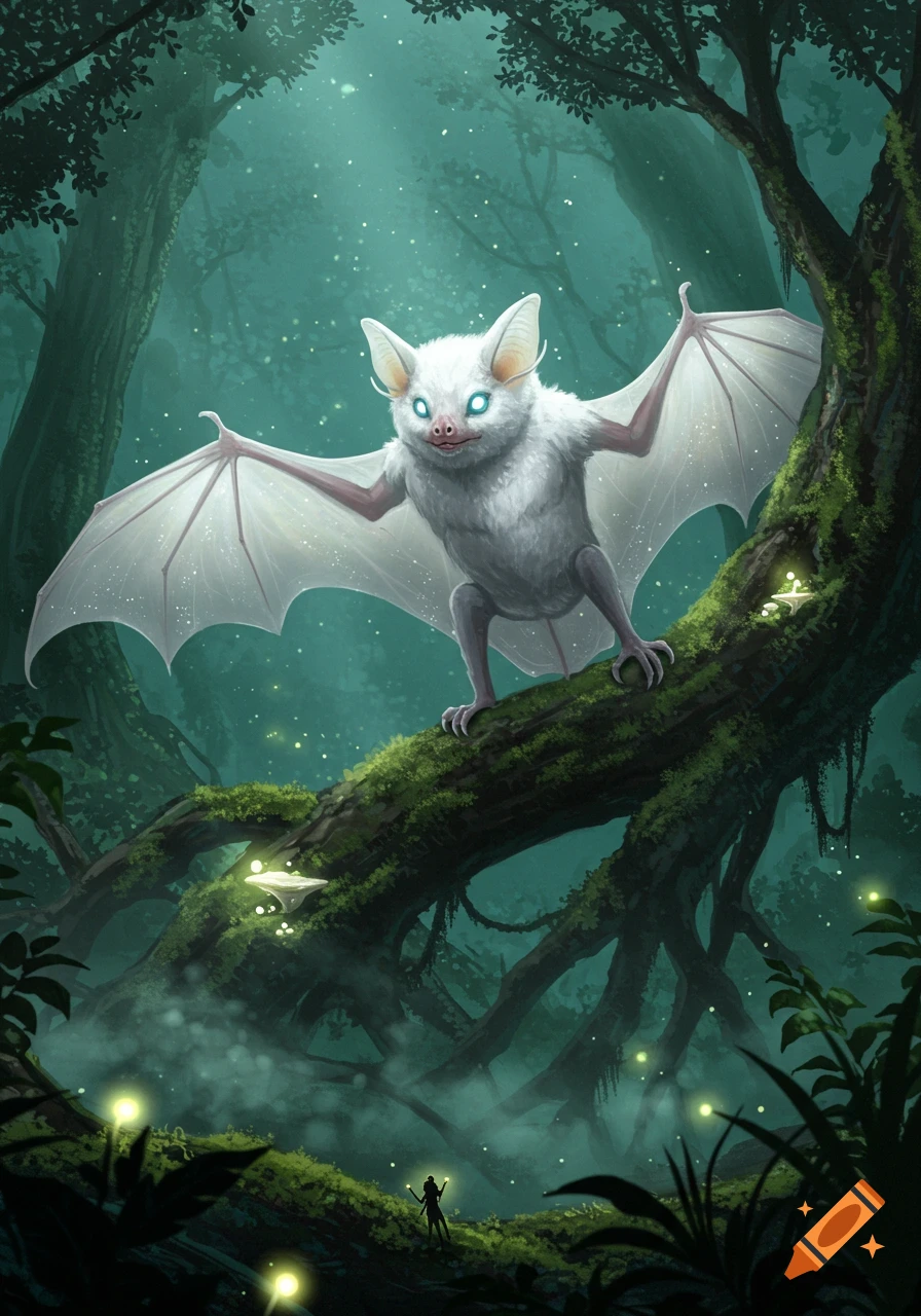 A furry bat-spider creature with large wings perches on a mossy branch ...