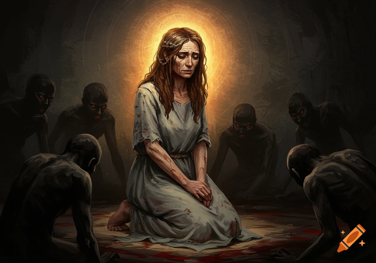 An impressionistic painting of a distressed woman kneeling, surrounded ...