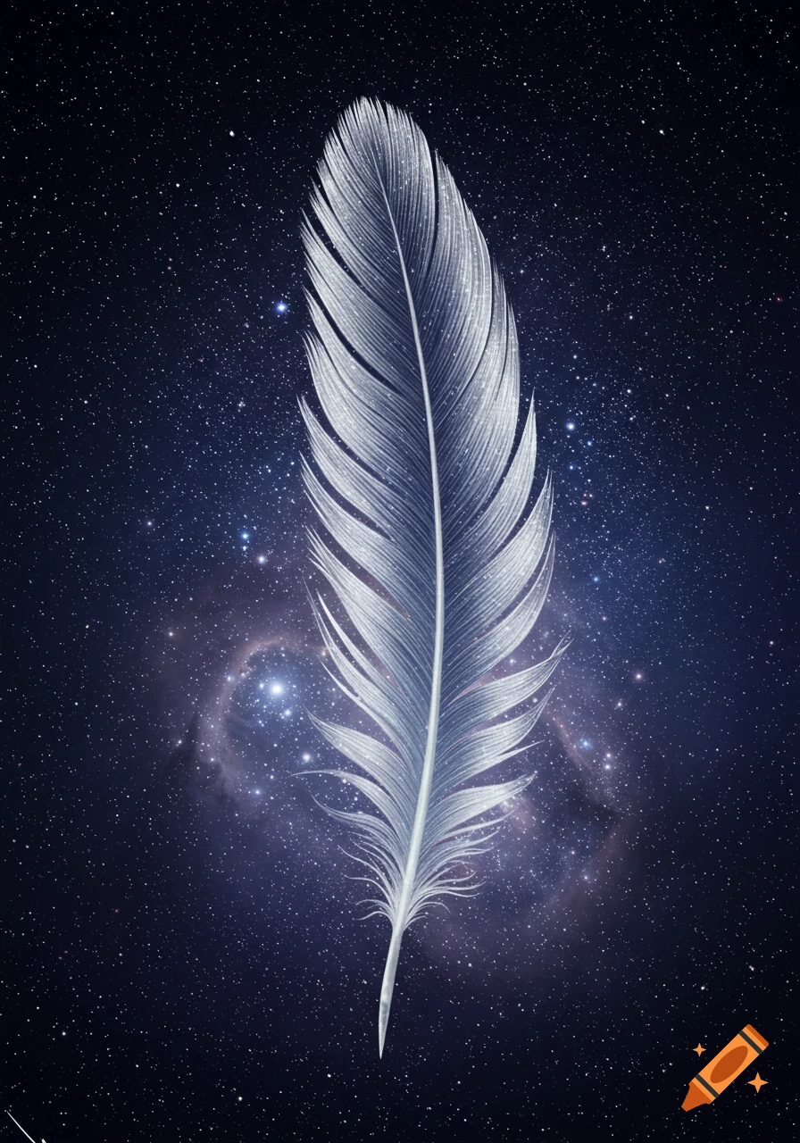 A shimmering white feather floats upright against a dark, starry night ...