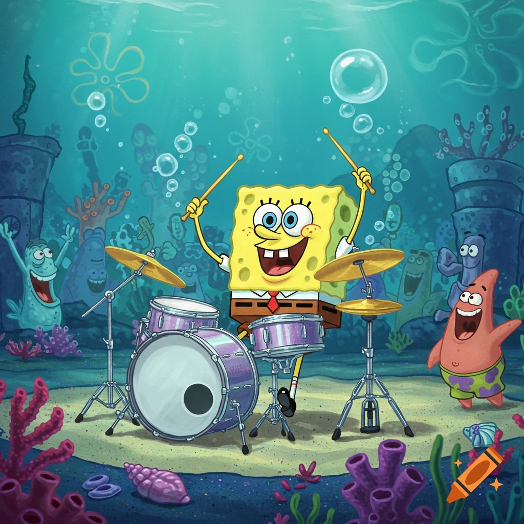 Spongebob Squarepants enthusiastically plays a purple drum set ...