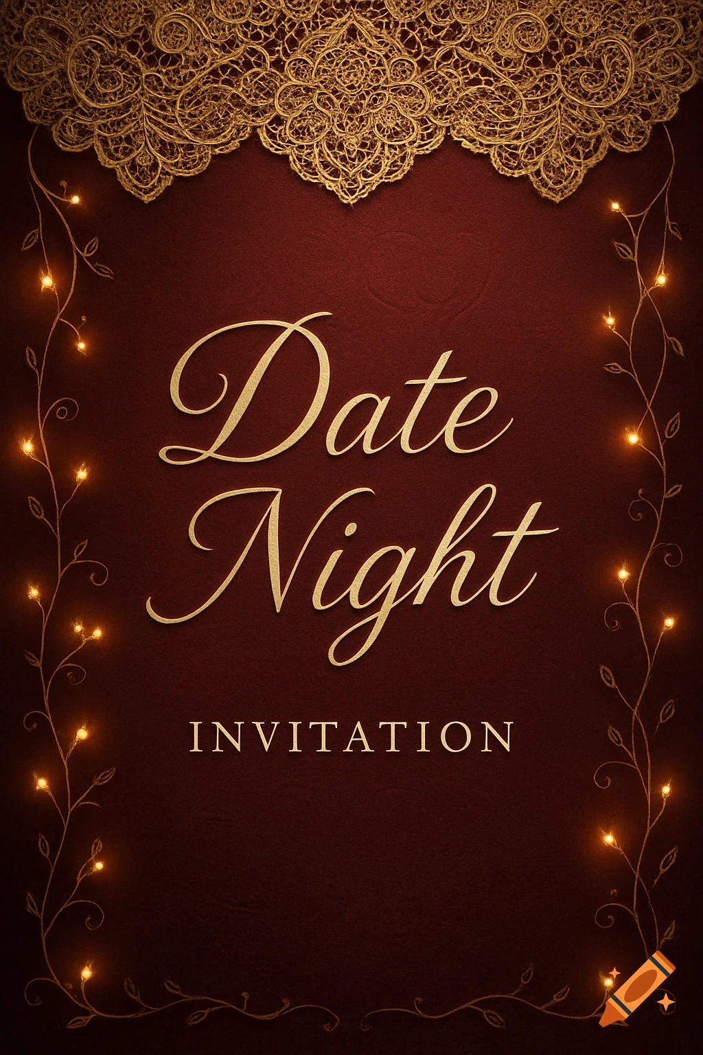 Elegant red invitation card with golden lace, illuminated vines, and ...