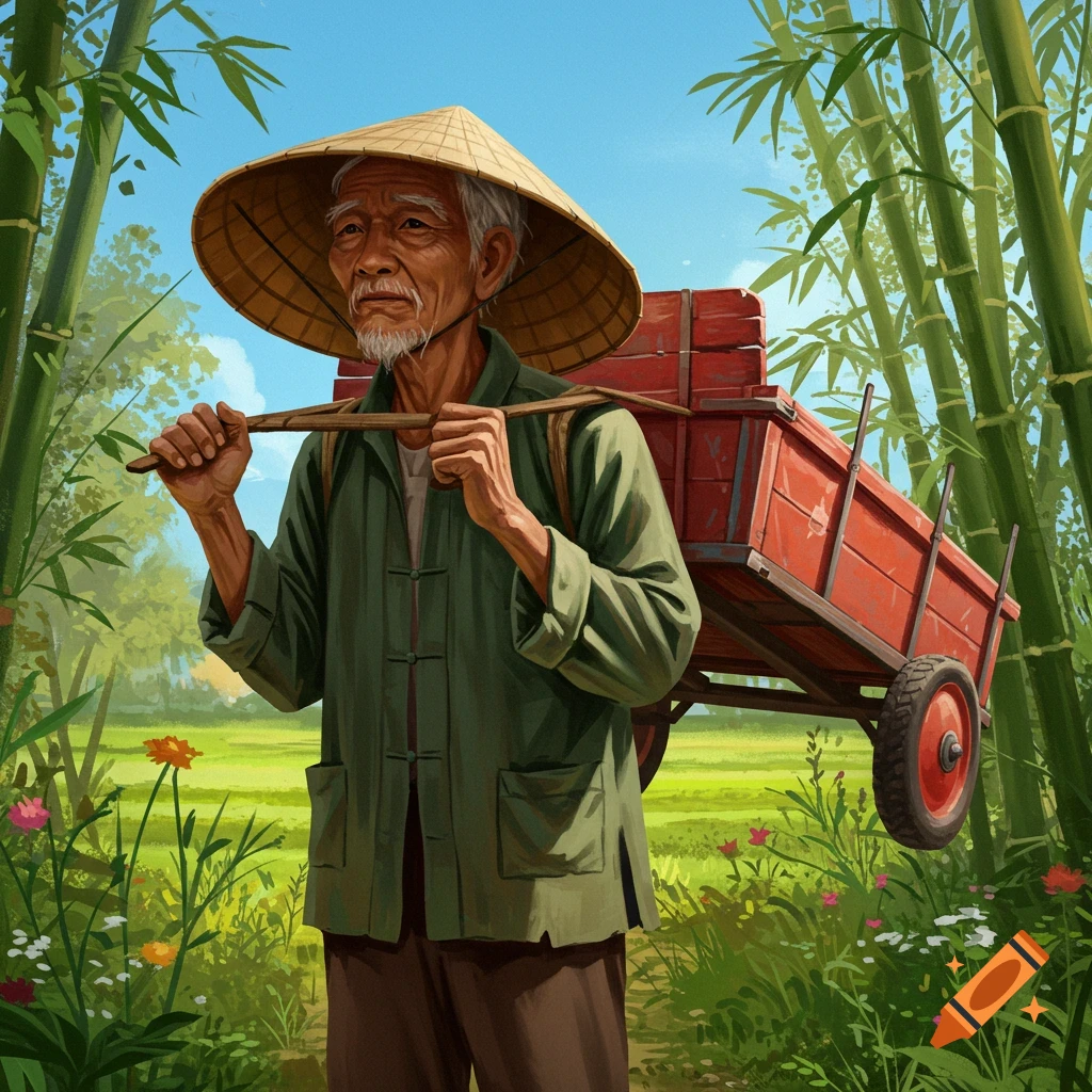 An old Vietnamese man in a conical hat carries a red wagon through a ...