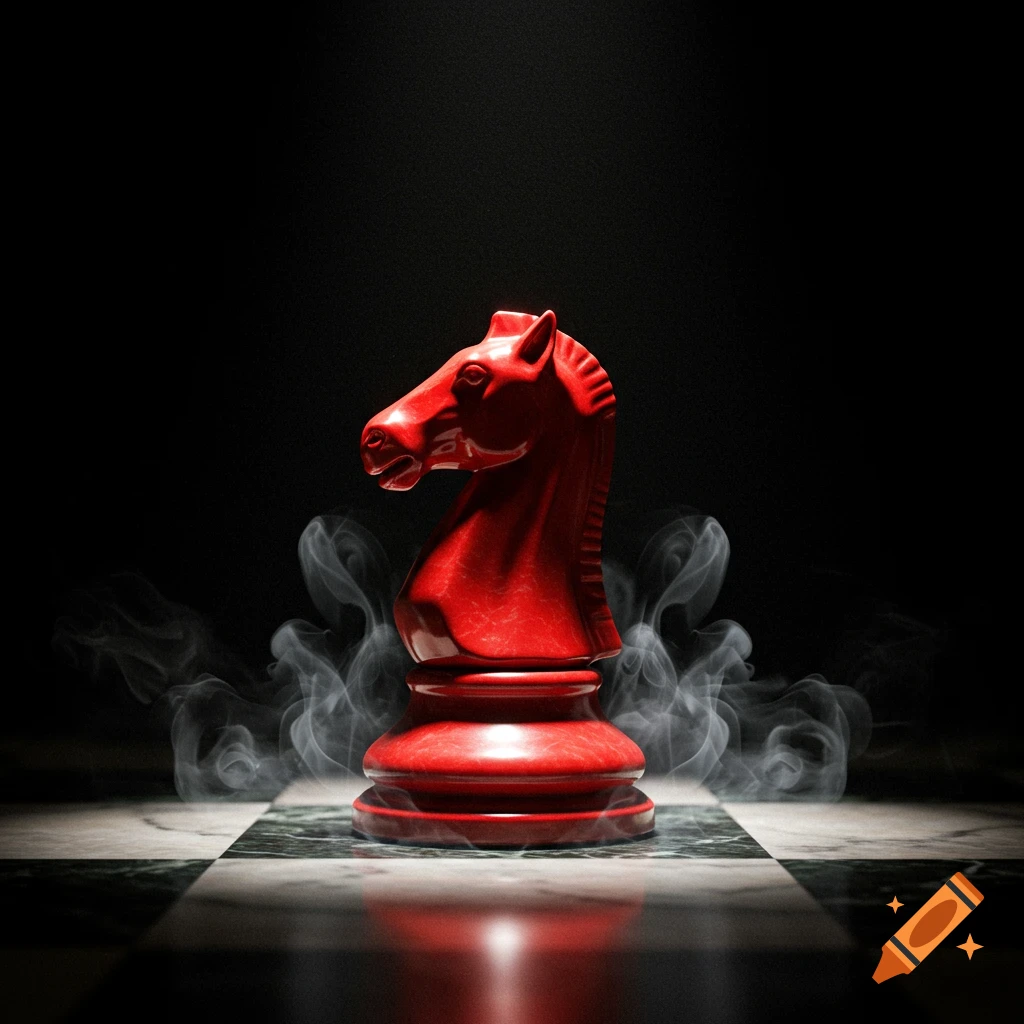A red chess knight stands on a marble chessboard with smoke curling ...