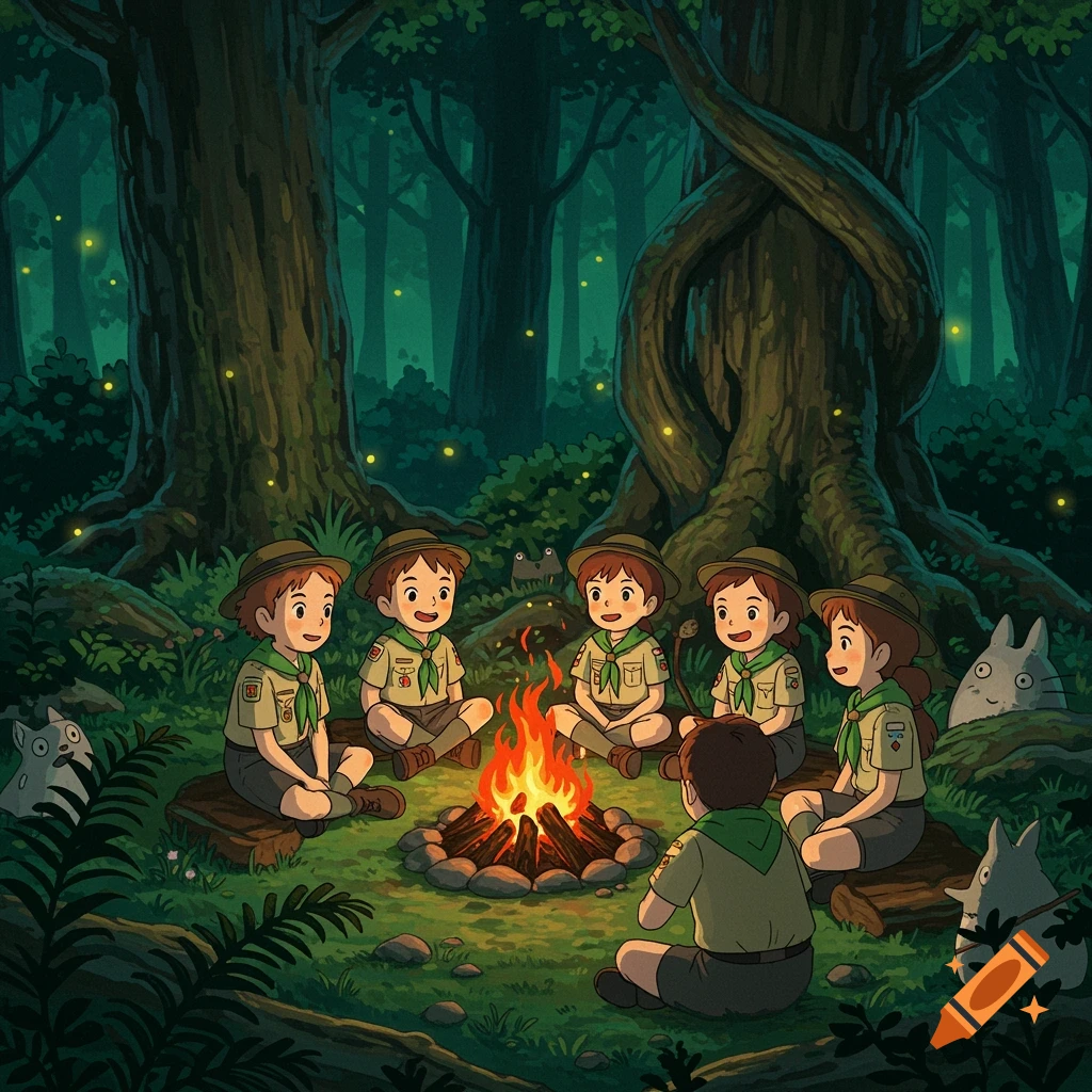 Children scouts sit around a campfire in a dark, magical forest at ...