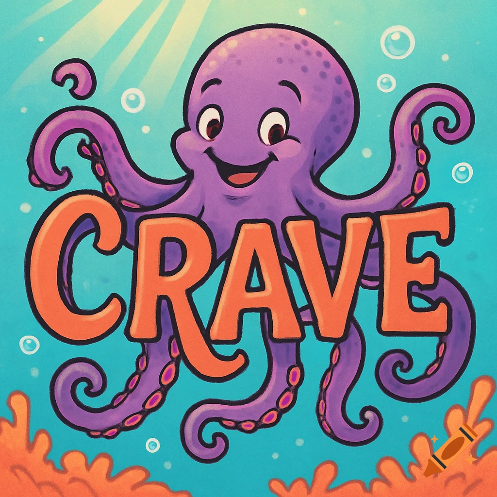 A happy purple cartoon octopus smiles underwater, with its tentacles ...