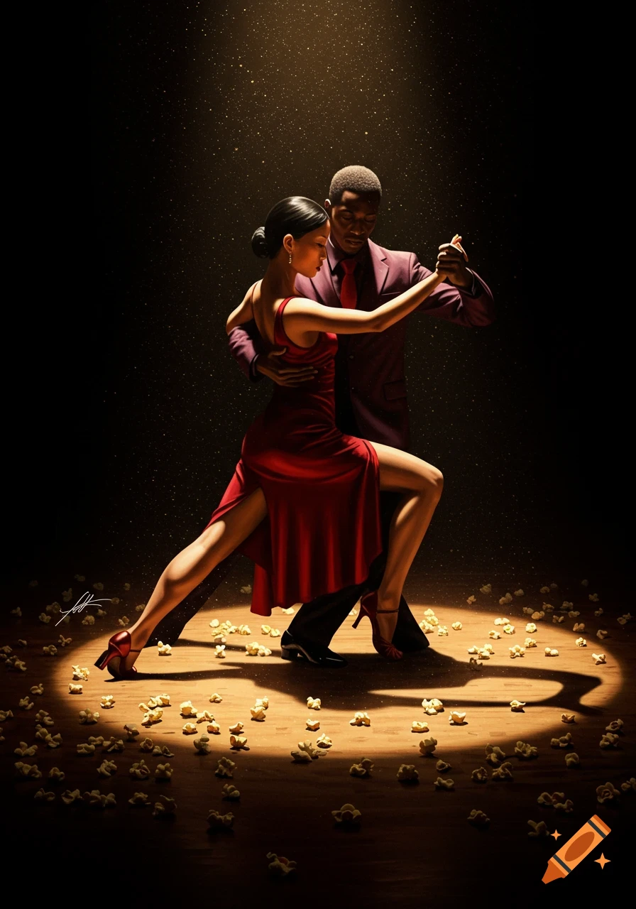 A man and woman dancing at a lively party under red lights, with other ...