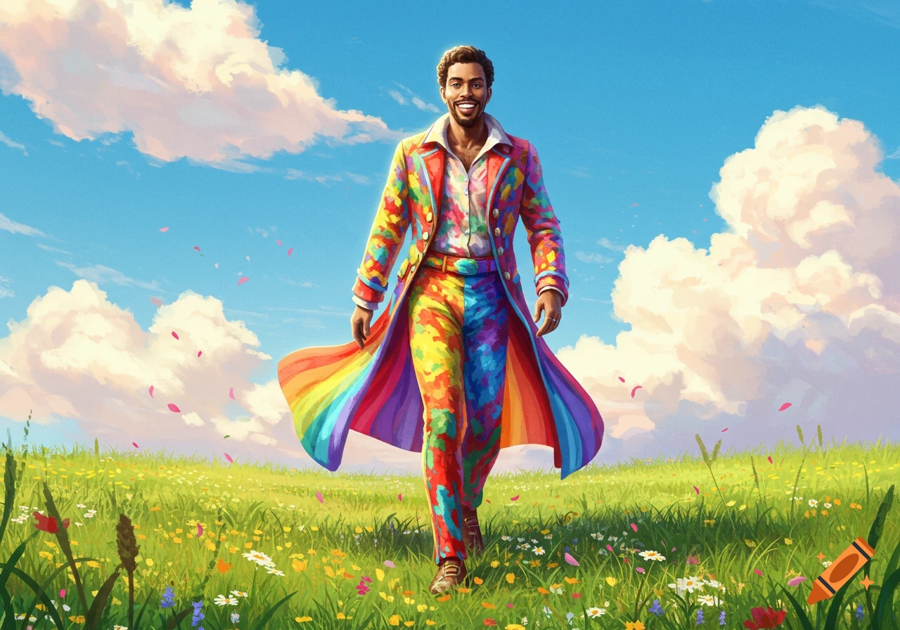 A smiling man walks through a vibrant green field under a blue sky ...