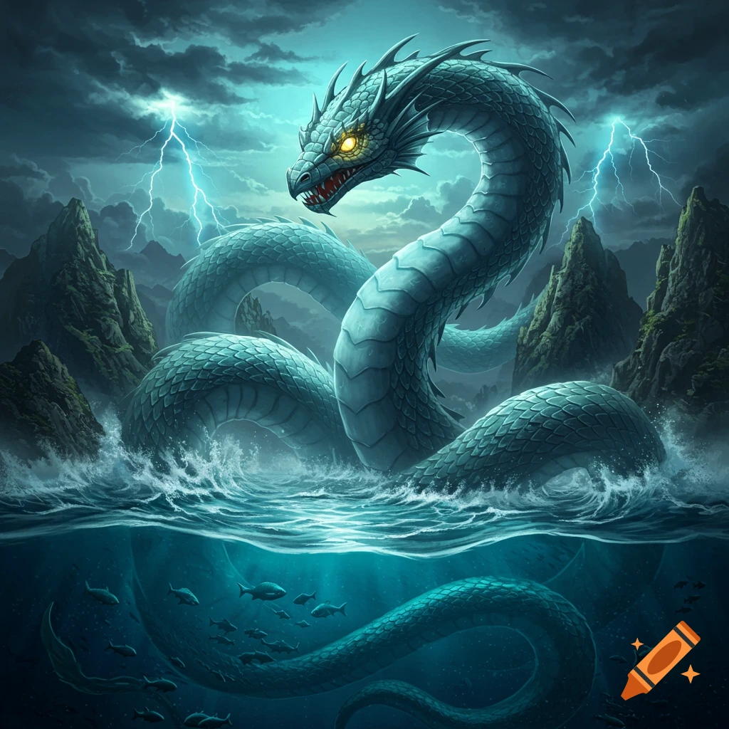 A colossal green sea serpent with glowing eyes rises from stormy teal ...