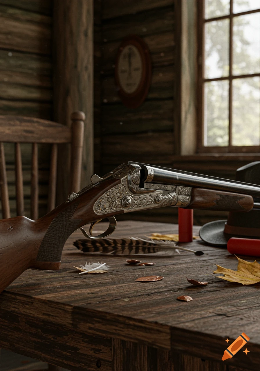 An ornate double-barreled shotgun rests on a rustic wooden table with ...