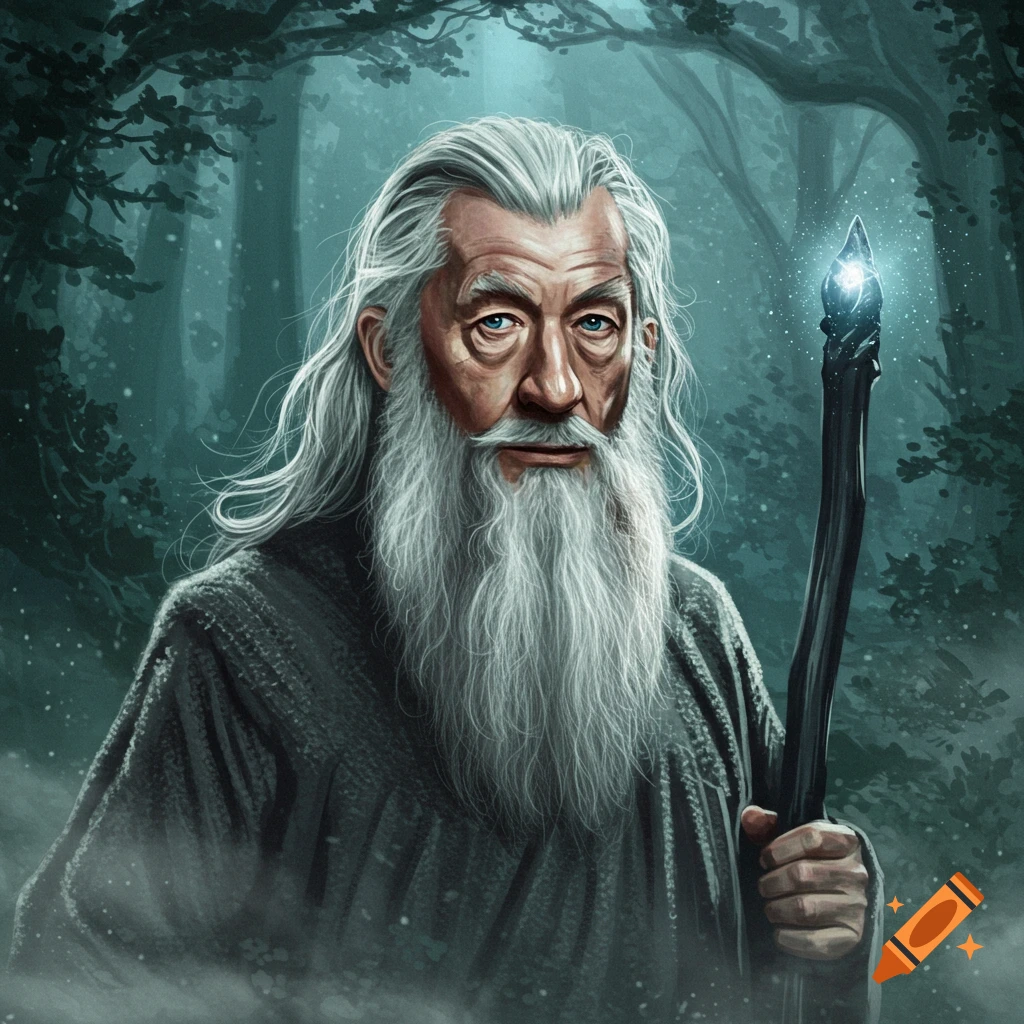 A wise old Indian wizard with a long white beard and a glowing staff ...