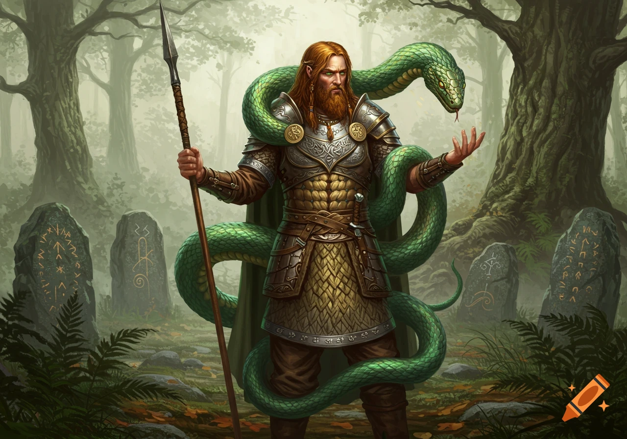 A muscular man with long dark hair, facial paint, and primitive ...