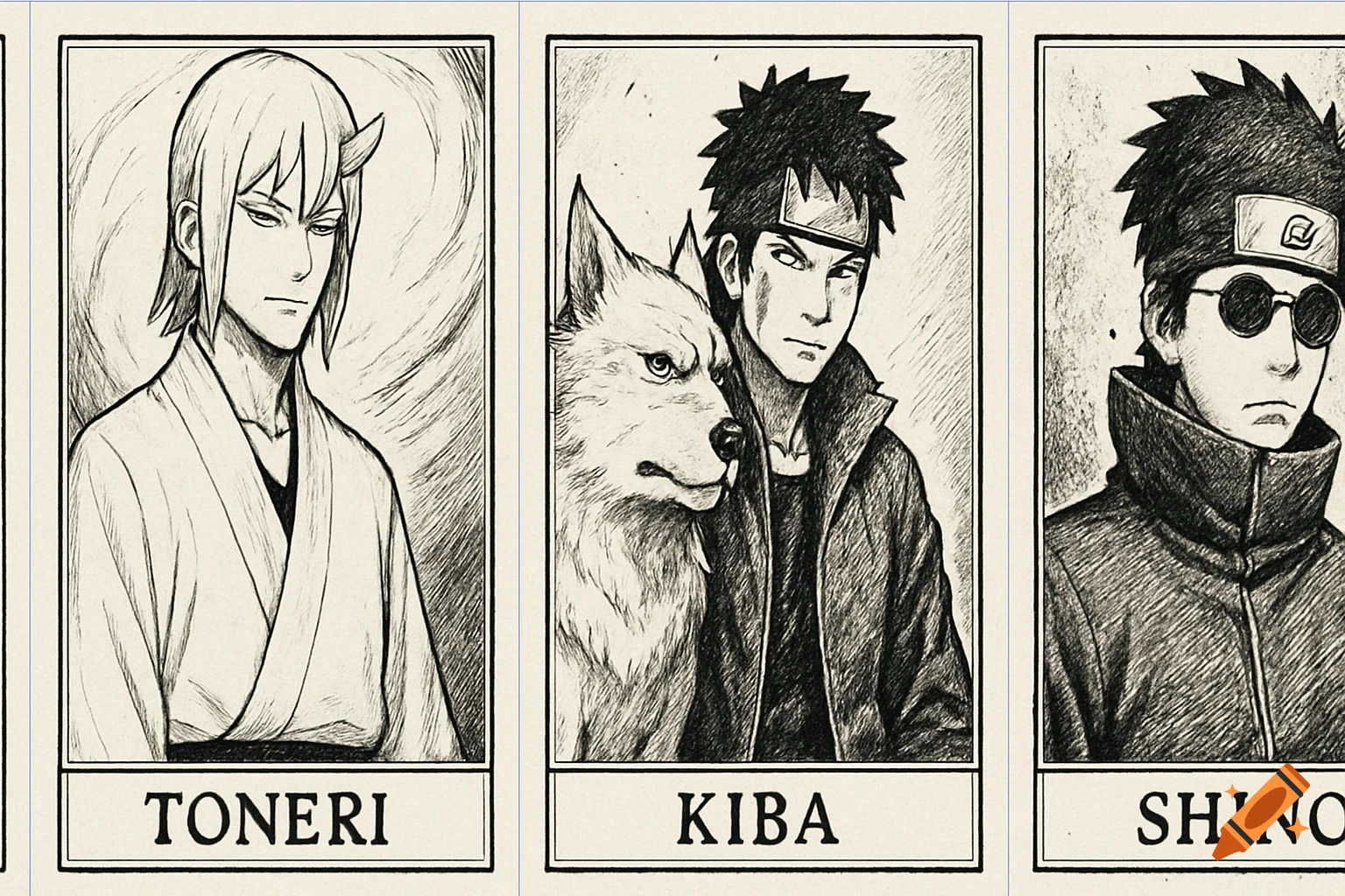 Black and white ink illustrations of three male anime characters in ...