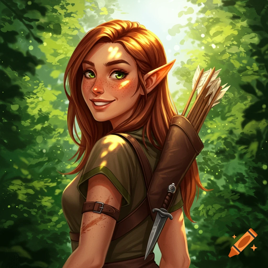 Digital art portrait of a smiling elf woman with red hair, green eyes ...