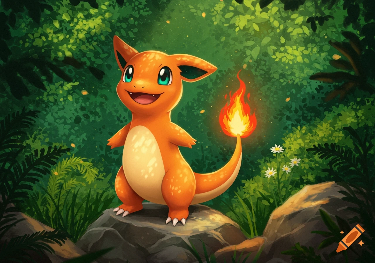 A cute, fiery Flareon Pokémon with glowing fur stands in a lush, dark ...