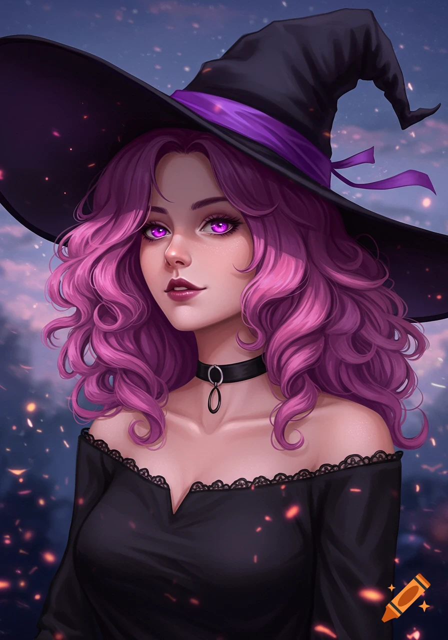A blond witch in a dark forest, wearing a purple cape and hat, stands ...