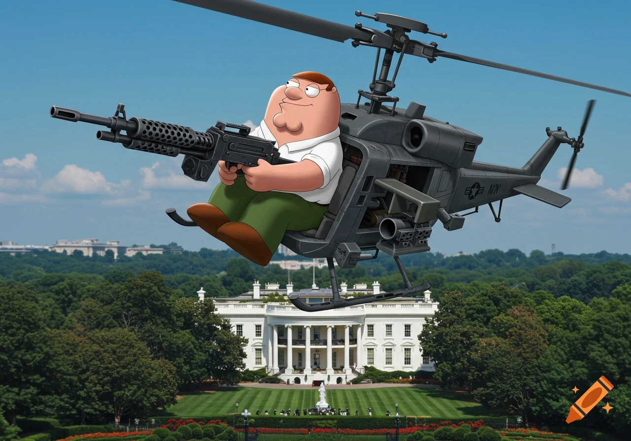 Peter Griffin, a cartoon character, sits in a military helicopter ...
